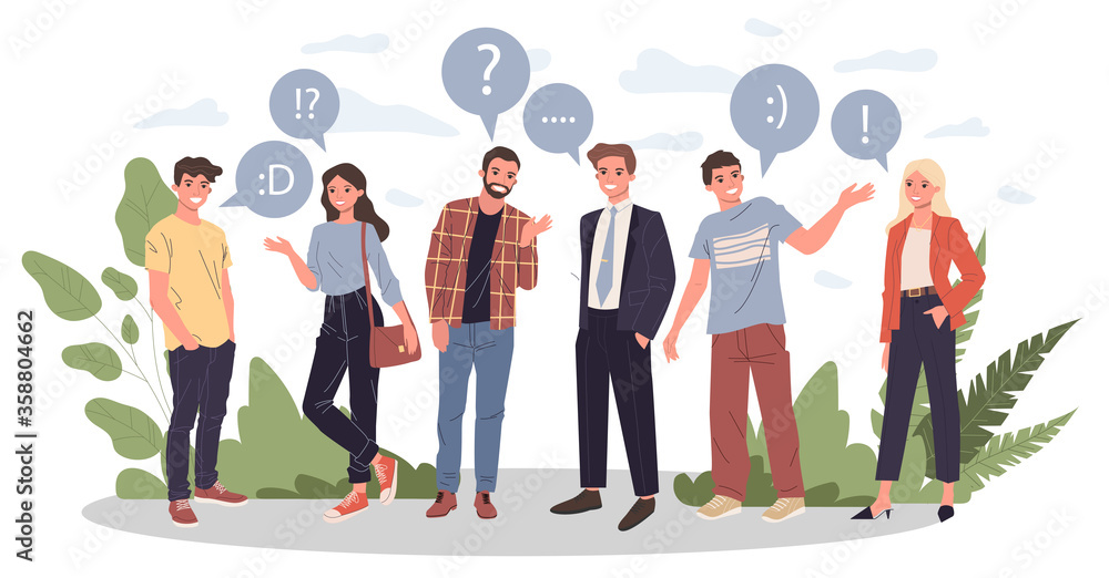 Group of young people talking illustration. Social networks, dialog and ...