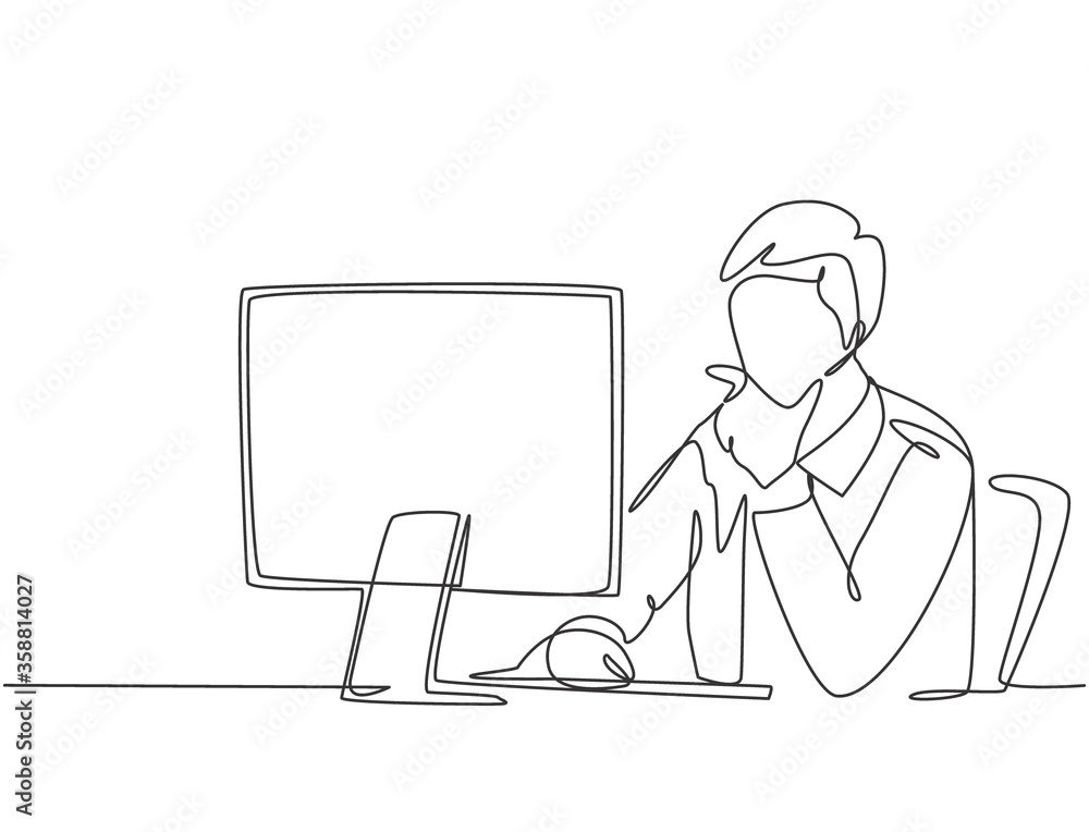 One single line drawing of young startup CEO sitting in front of ...