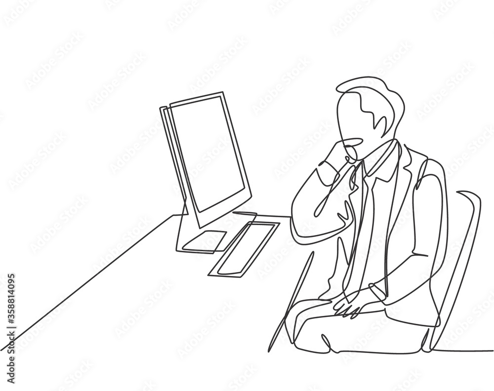 Single continuous line drawing of young startup CEO sitting on the ...