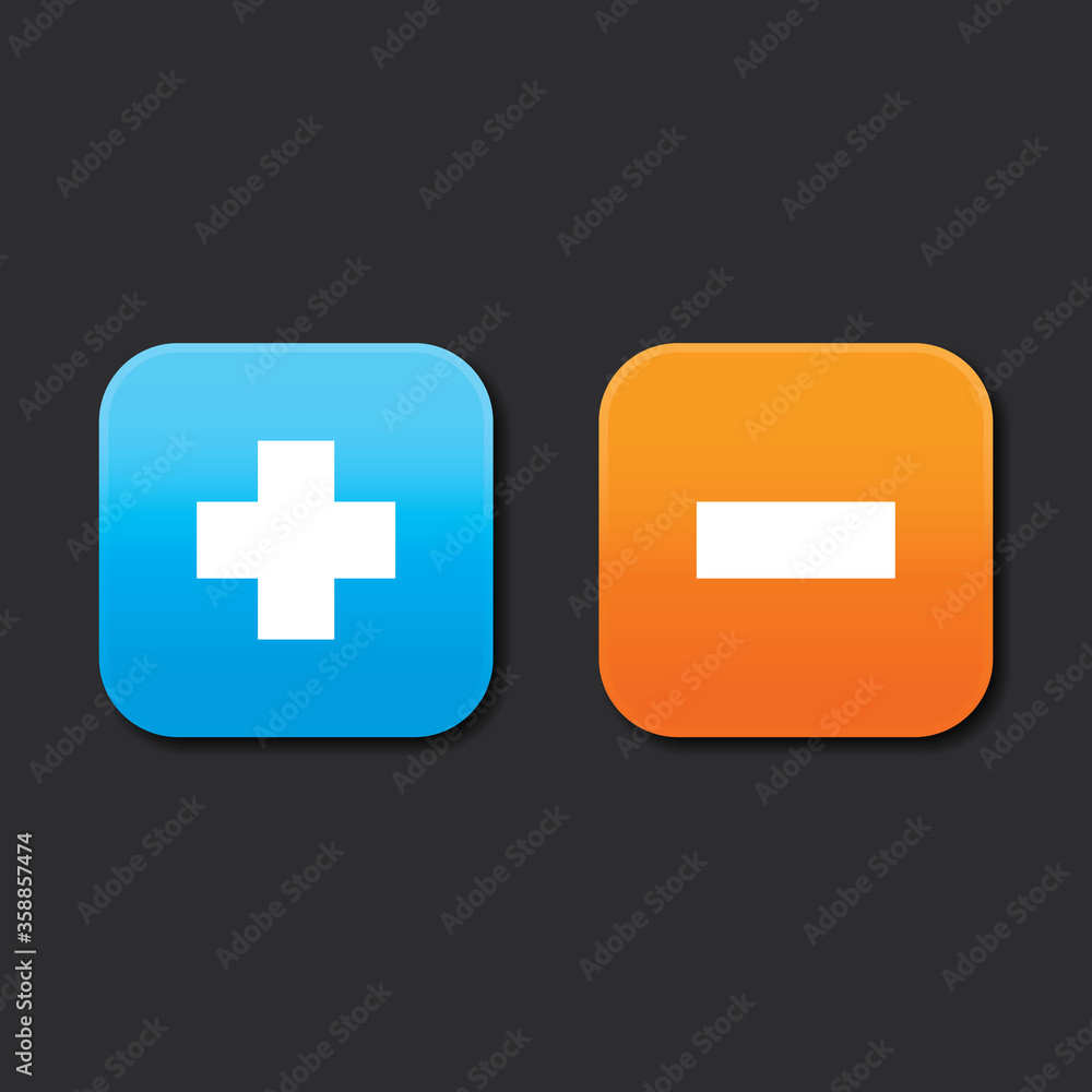 Plus and minus round shape icons with shadow, shiny blue & orange ...