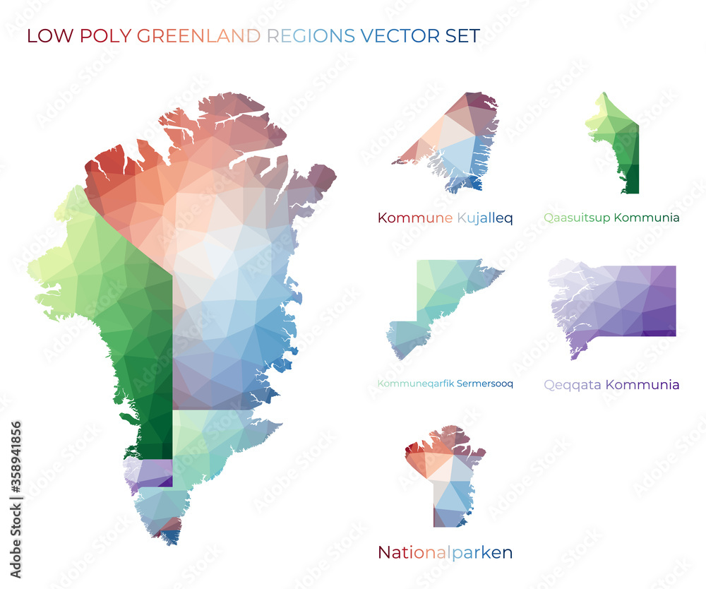 Greenlandic low poly regions. Polygonal map of Greenland with regions. Geometric maps for your ...