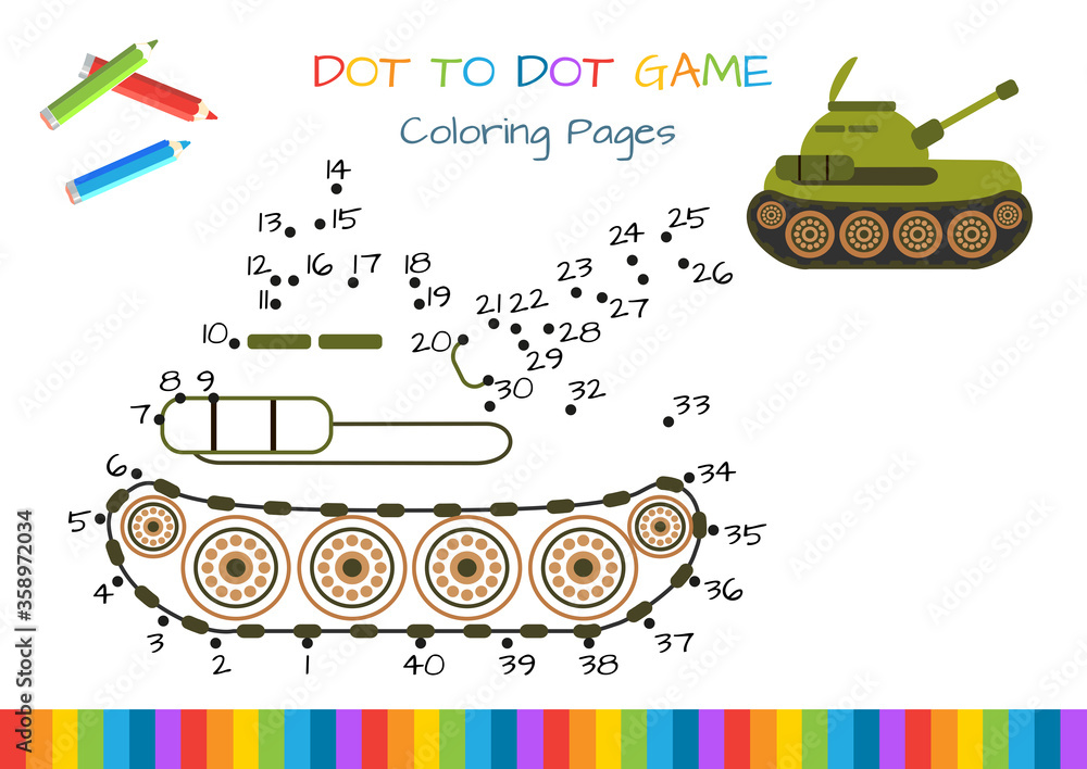 Drawing for coloring: tank. Numbers game, education dot to dot game for children. Coloring book ...