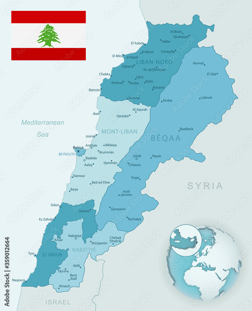 Blue-green detailed map of Lebanon administrative divisions with ...