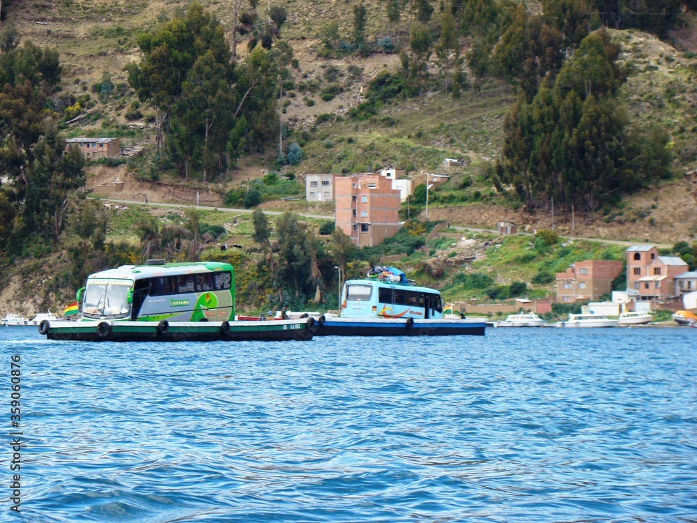 Bus barges on the Strait of Tiquina (Lake Titicaca, Bolivia) Stock ...