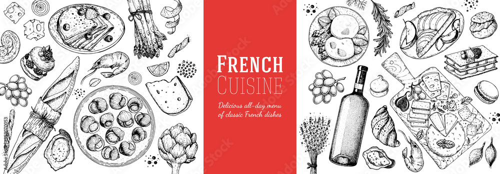 French food top view, Hand drawn. Classic French dishes. Food menu ...