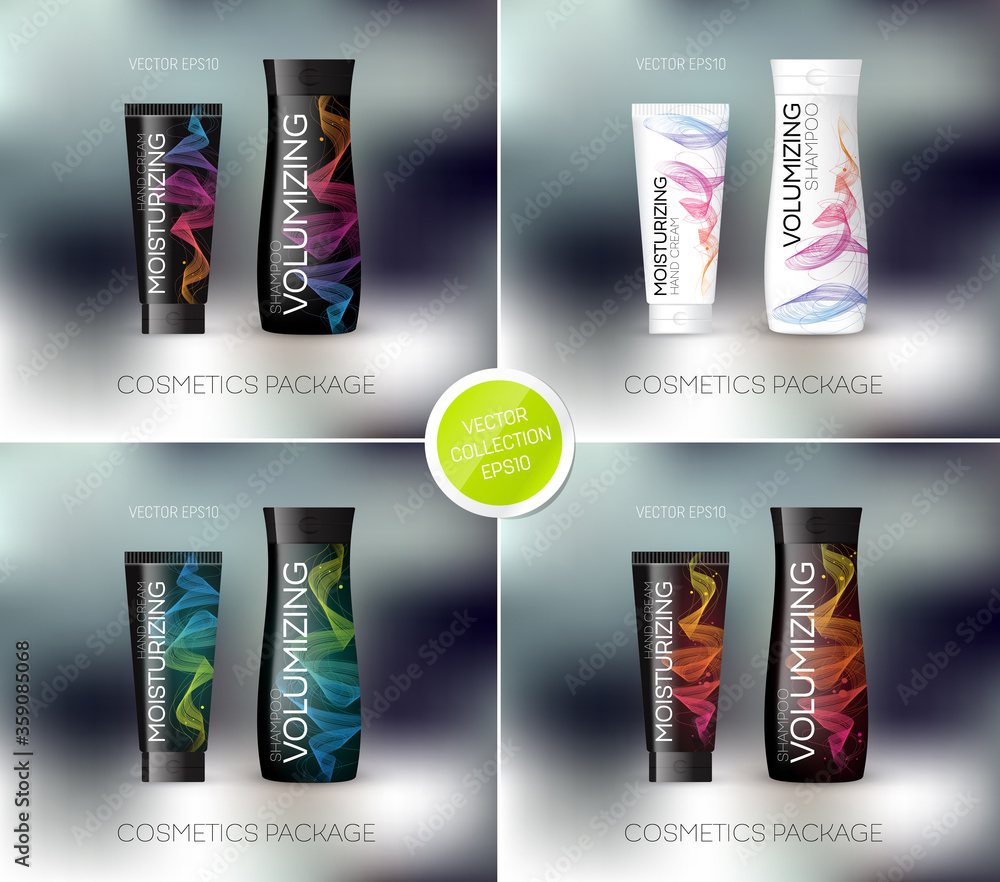 Vector cosmetics package design template, mockup. Shampoo bottle, conditioner, cream, tube ...