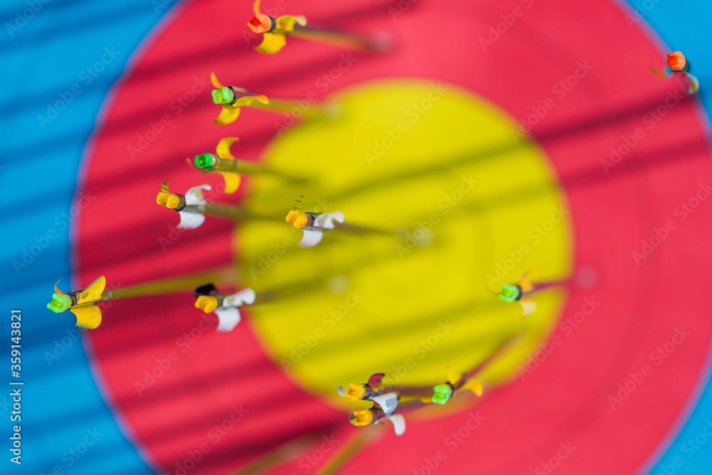 Horizontal close up of olympic archery arrows and their shades in an ...