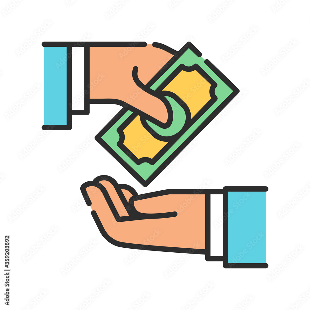 Receiving or loan money color line icon. Hand holds money. Pictogram ...