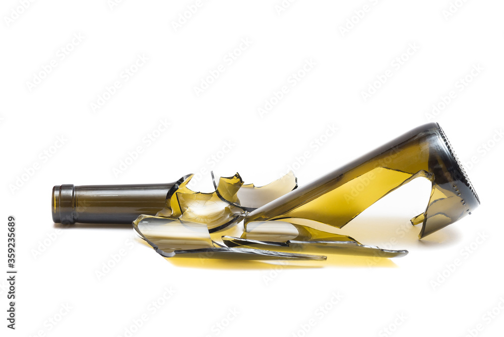 Shattered wine bottle. Parts of the broken bottle glass isolated on ...