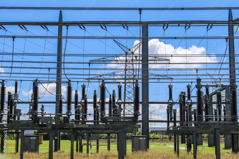 Electrical Transformer. Distribution of electric energy at a big ...