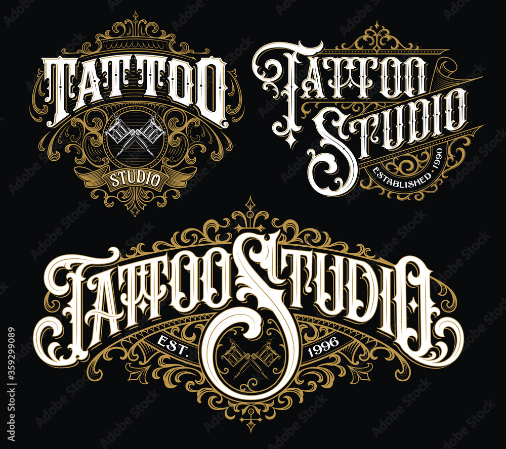 Vintage tattoo lettering logo set. Highly detailed tattoo emblems, logo ...