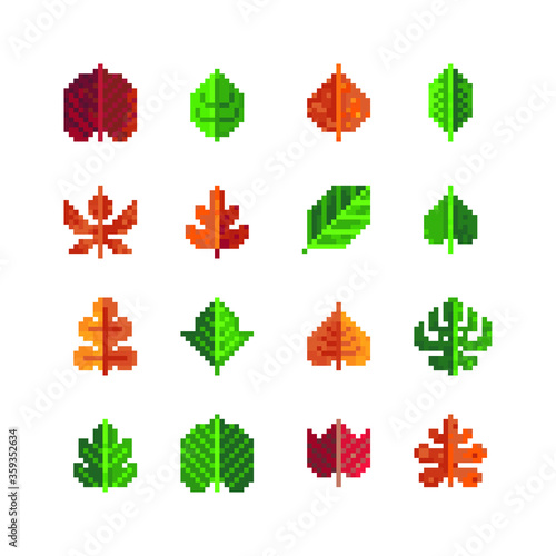 Tiny leaves of tree pixel art 8-bit style icons set, different types ...