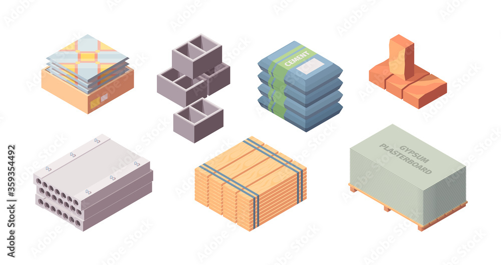 Construction materials building isometric set. Box with tiles large ...
