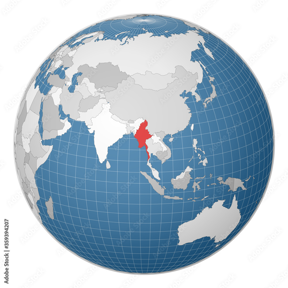Globe centered on Myanmar. Country highlighted in green on world map ...