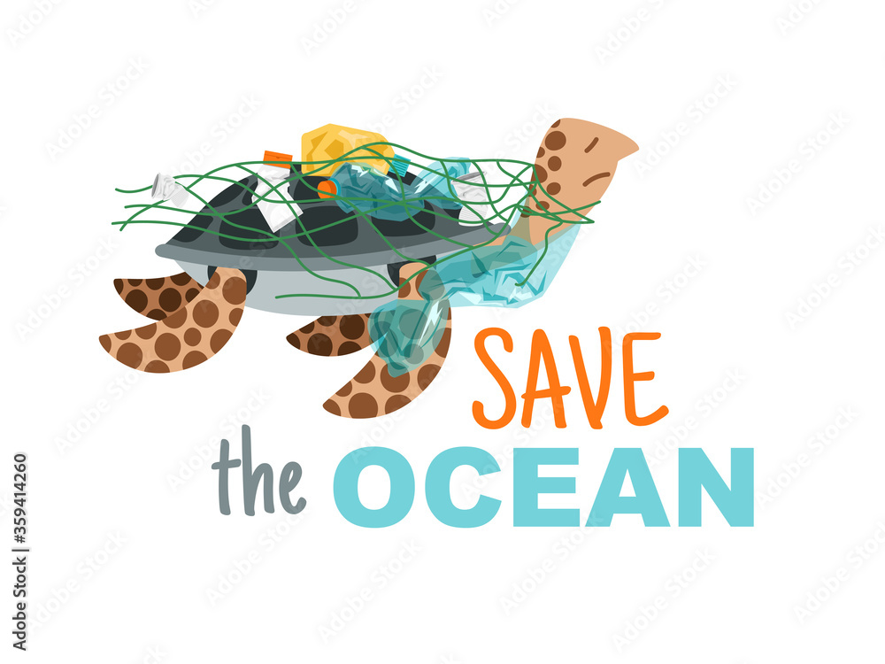 Save ocean poster. Eco vector illustration about global save underwater ...