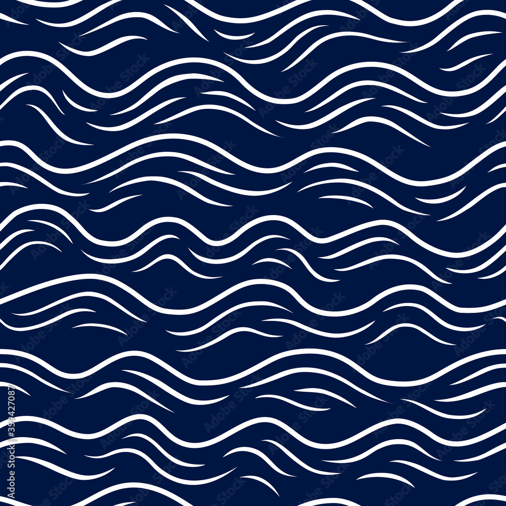 Waves seamless pattern. Blue background. Hand drawn wavy seacoast. Sea ...