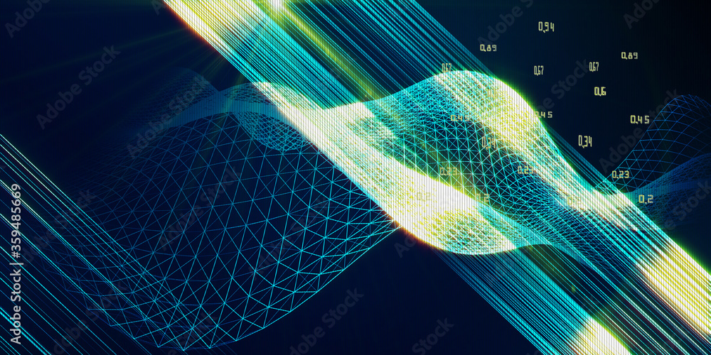 Abstract futuristic visualization of wavy grid artificial intelligence. Quantum virtual ...