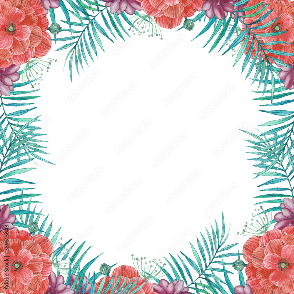 Watercolor floral summer frame with succulents, flowers, leaves and ...