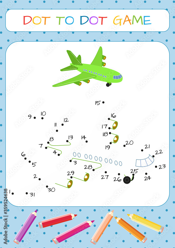 Drawing for coloring: airplane. Numbers game, education dot to dot game ...