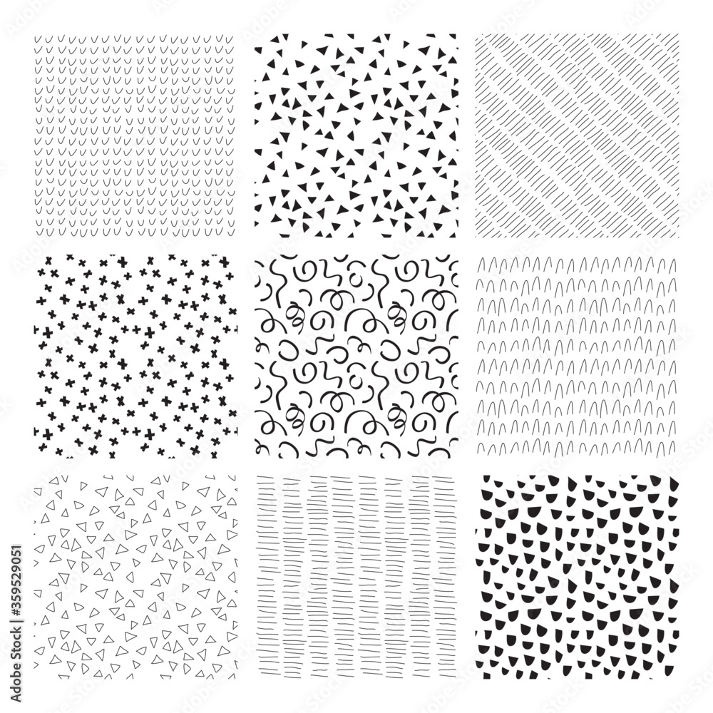 Set of hand drawn line art seamless patterns. Cute simple vector ...