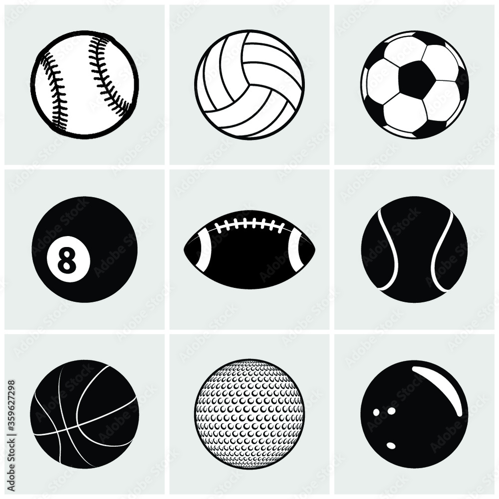 Sports ball icon set with various sports balls including a baseball ...