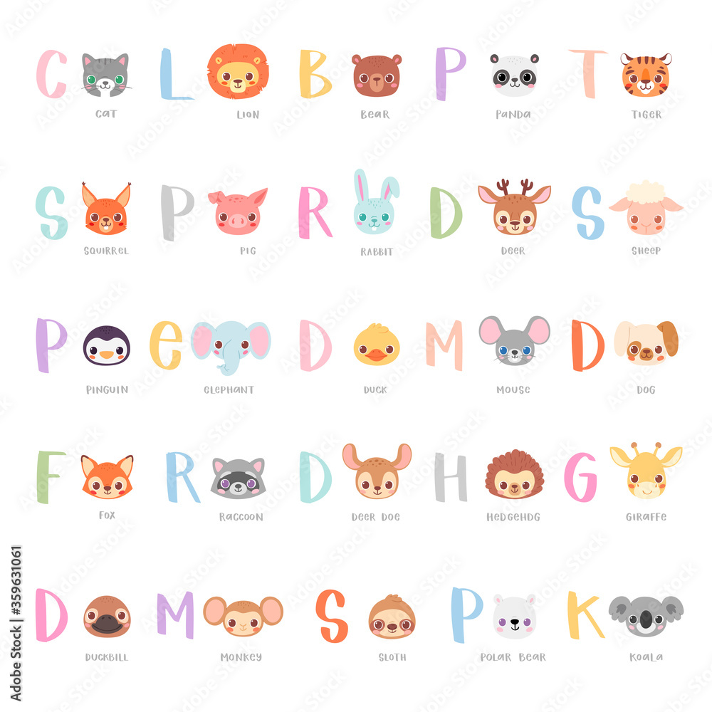 Cute children alphabet. Zoo ABC with animal faces. Cartoon lion, cat ...