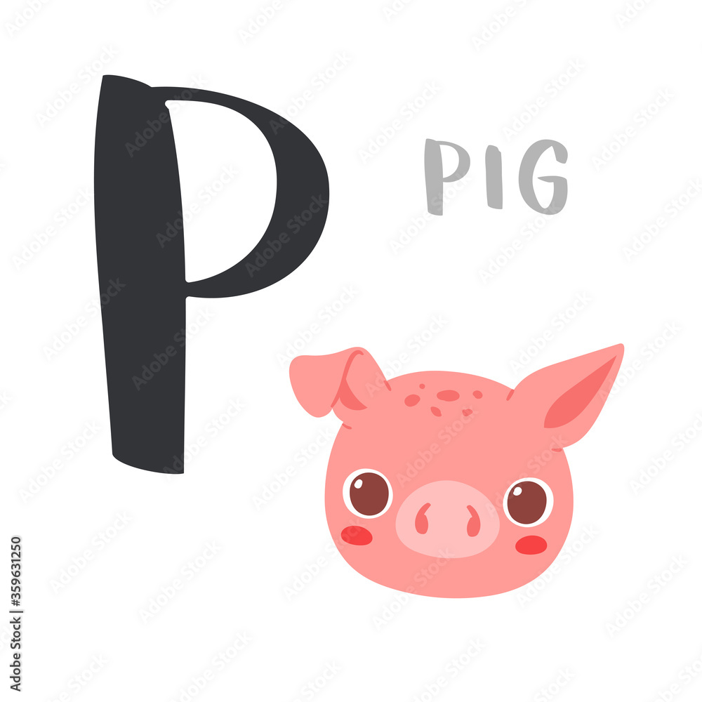 Cute children alphabet. Zoo ABC with animal face. Cartoon pig head with ...
