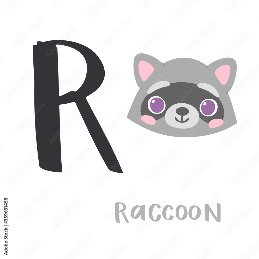 Cute children alphabet. Zoo ABC with animal face. Cartoon raccoon head ...