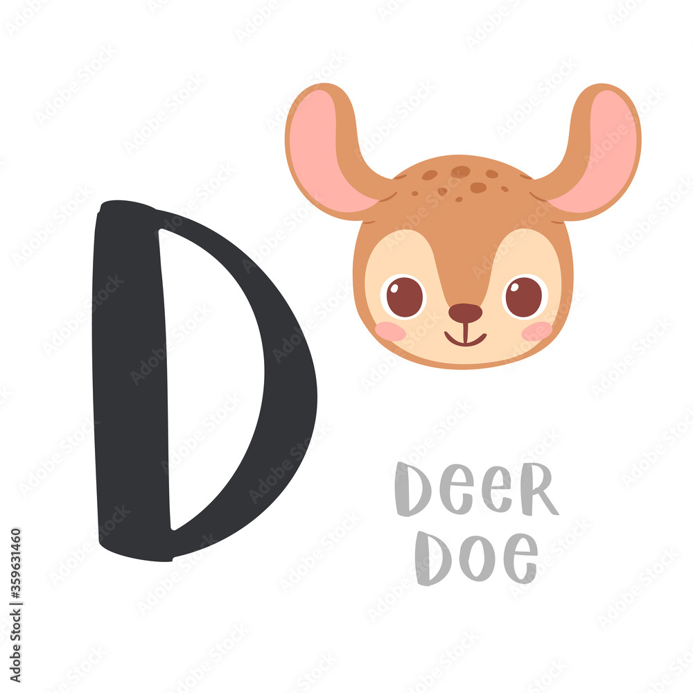 Cute children alphabet. Zoo ABC with animal face. Cartoon deer doe head ...