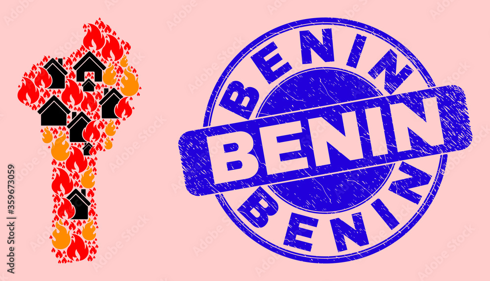 Fire and houses collage Benin map and Benin grunge stamp seal. Vector ...