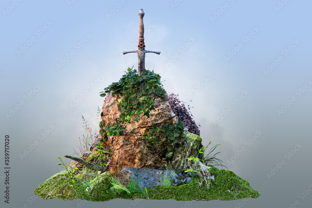 Excalibur sword in the old textured stone, isolated, 3D illustration of ...