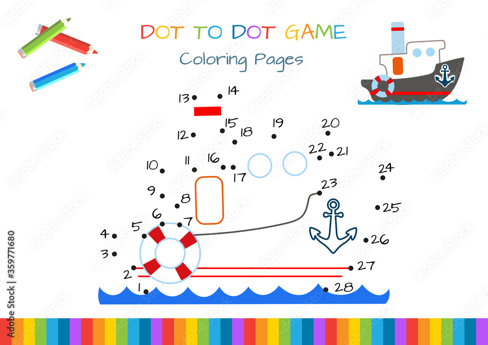 Drawing for coloring: Ship, steamboat. Numbers game, education dot to dot game for children ...