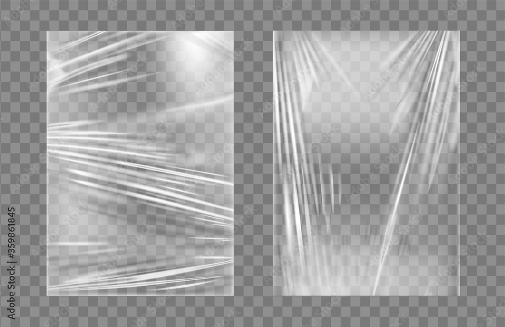 Transparent stretch plastic wrap texture set. Realistic polyethylene ...