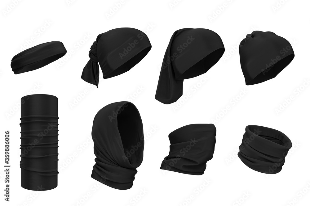 How to wear buffs. Set of black buffs on the face, neck, on the head ...