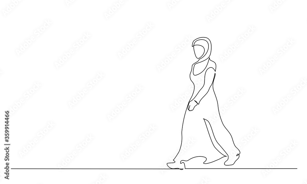 Muslim hijab strong woman walking. Continuous one line drawing. Stock ...
