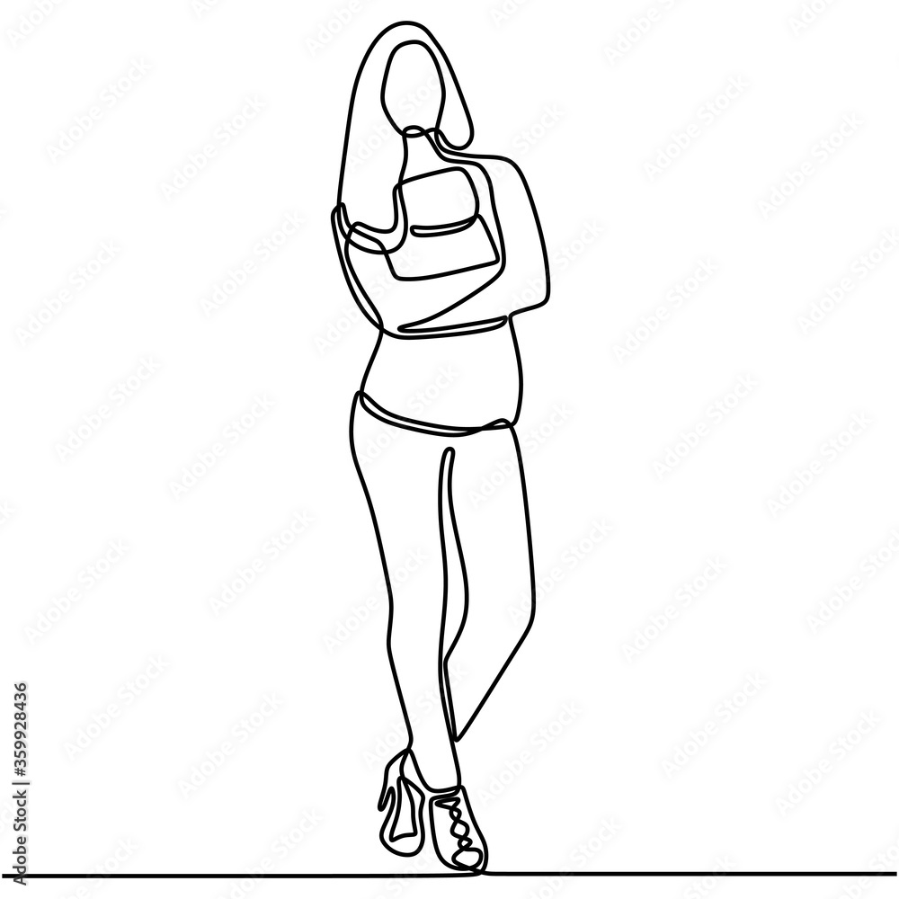 One continuous line drawing of standing confident woman with crossed ...