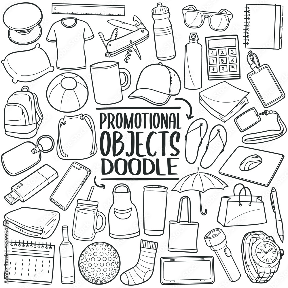 Promotional Objects doodle icon set. Advertising Gifts Vector ...