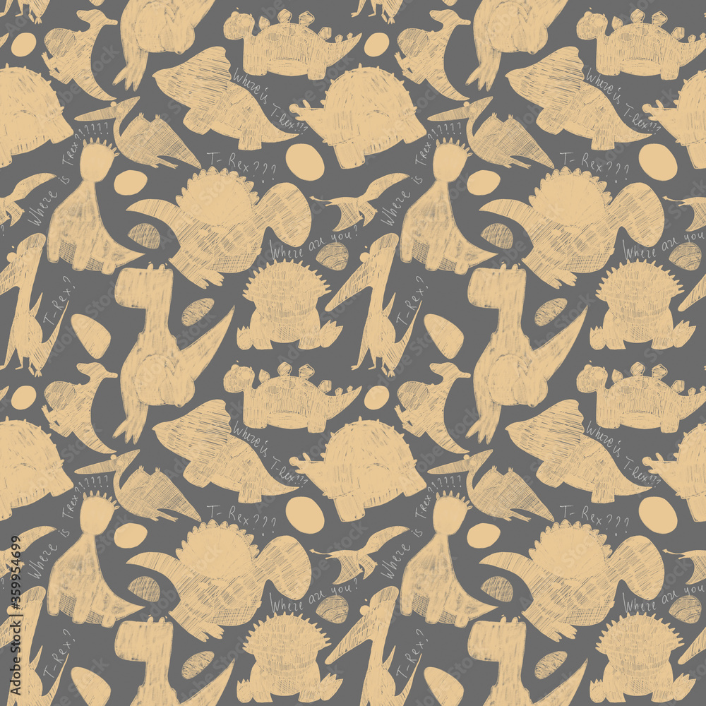 Seamless pattern on dark gray background of dinosaurs with Tyrannosaur ...