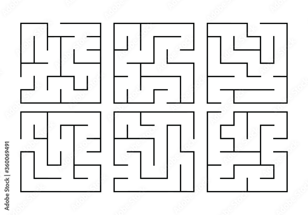 Set of education logic game. Find right way. Labyrinth, conundrum for kids. Collection of six ...