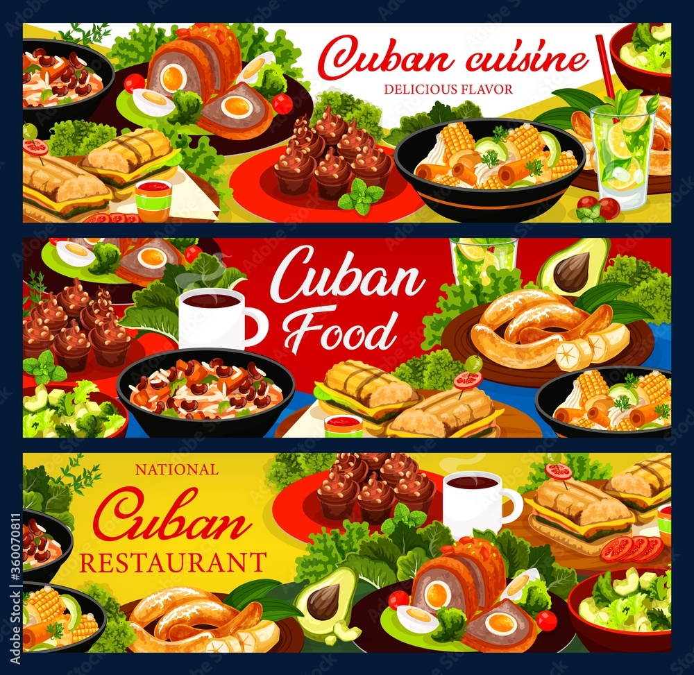 Cuban cuisine vector banners. Cuban food restaurant posters. Meat meals ...