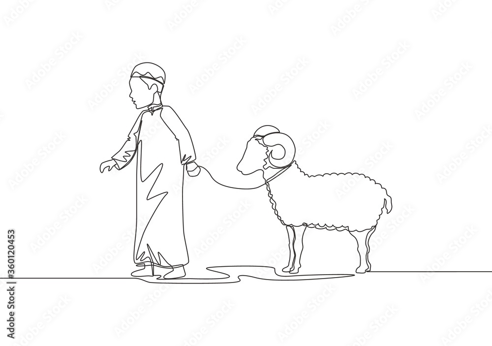 One single line drawing of young muslim boy holding sheep to masjid ...