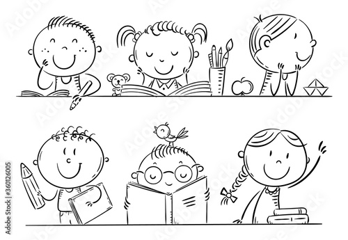 Cartoon kids in the classroom at school sitting at their desks, outline ...