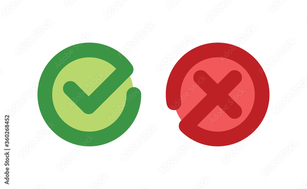 Check mark icons. Green tick symbol and red x sign in circle. Icons for ...