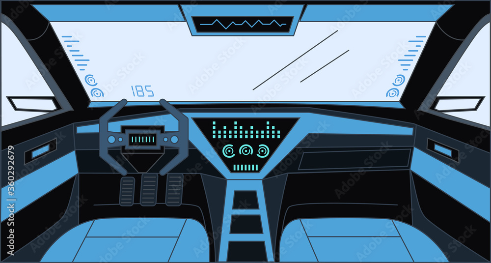 Futuristic design inside the car vector cartoon outline illustration ...