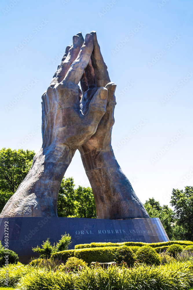 6-10-2020 Tulsa OK Giant praying hands statue in park at Oral Roberts ...
