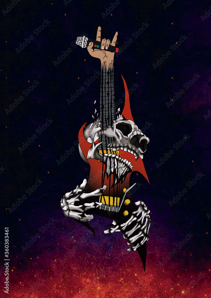 Skull guitar background. Drawing made by hand, digitized and then made ...