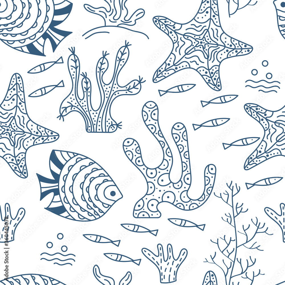 Seamless pattern. Sea floor, underwater world. Fish and seaweed on a ...