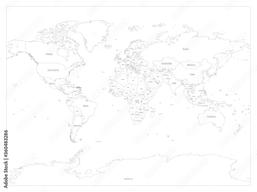 Map of World. Detailed thin black outline political map with country ...