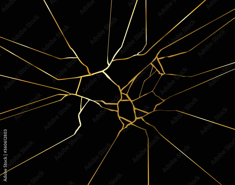 Gold kintsugi crack vector golden texture. Broken ground wall glass ...