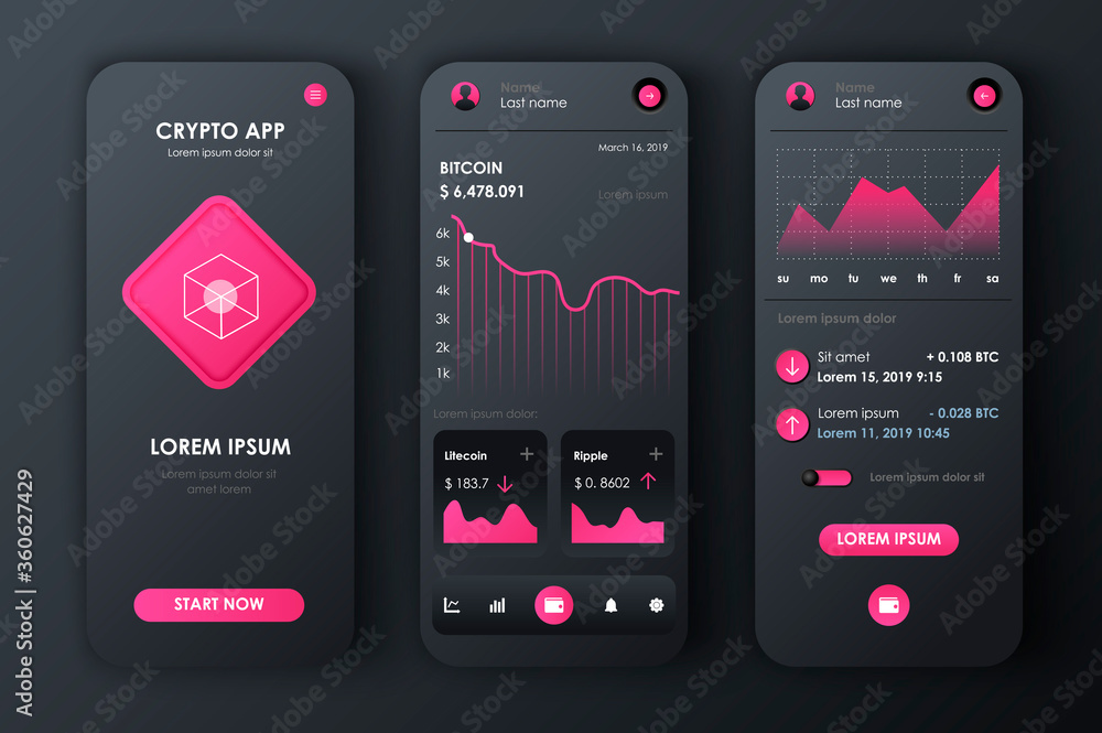 Cryptocurrency unique neomorphic design kit for app. Bitcoin mining screens with charts and ...